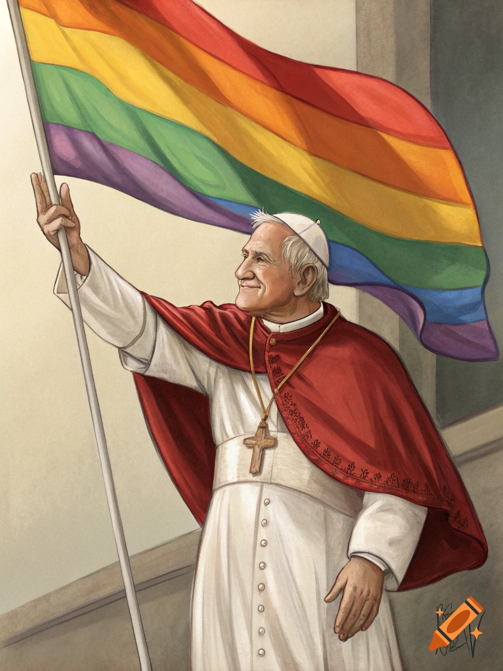 Illustration of a man dressed as a Pope waving a large rainbow flag. on ...