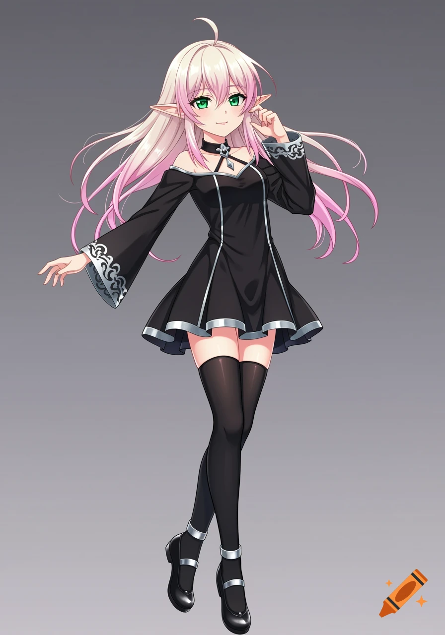 Anime half-elf girl in a black dress and thigh-high socks. on Craiyon