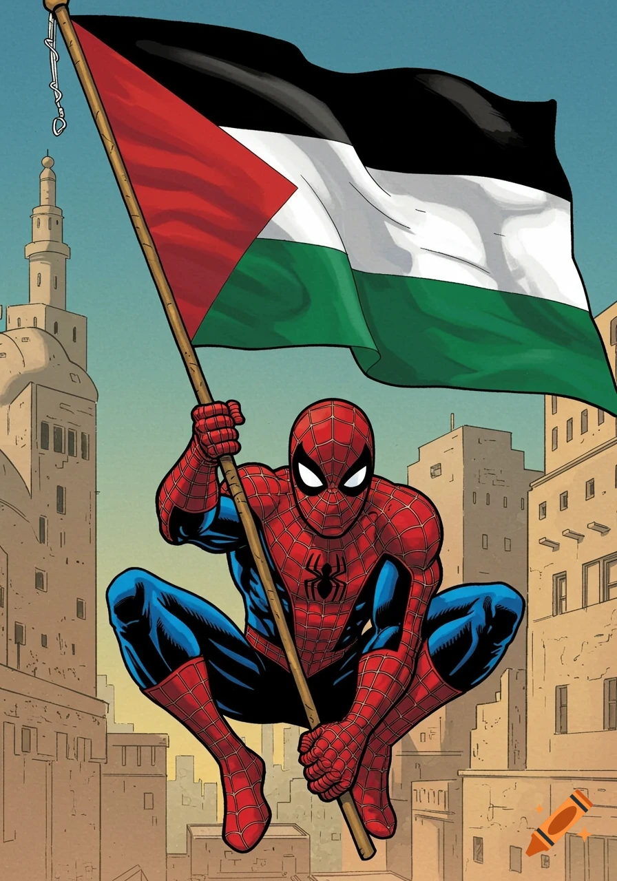 Spider-Man holds a Palestine flag while perched on a rooftop in a comic ...
