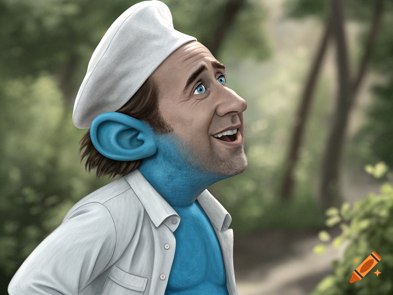 Nicholas Cage depicted as a Smurf with blue skin, ears, and hat ...