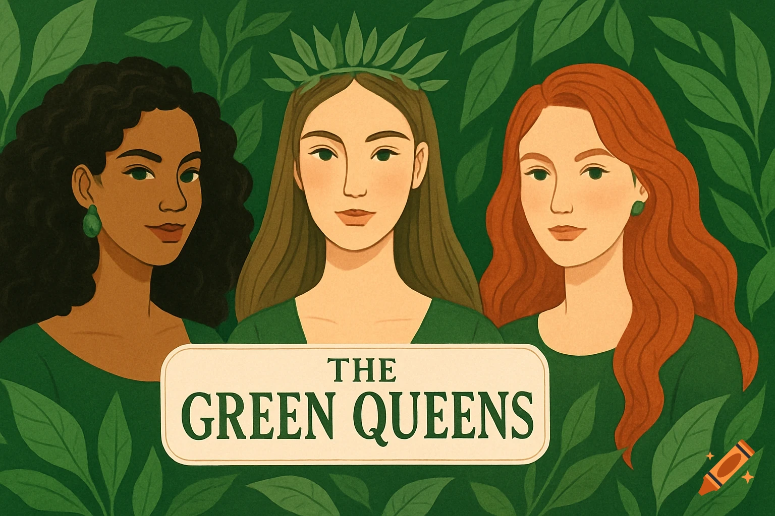 Illustration of three women surrounded by green leaves with a banner reading 'THE GREEN QUEENS ...