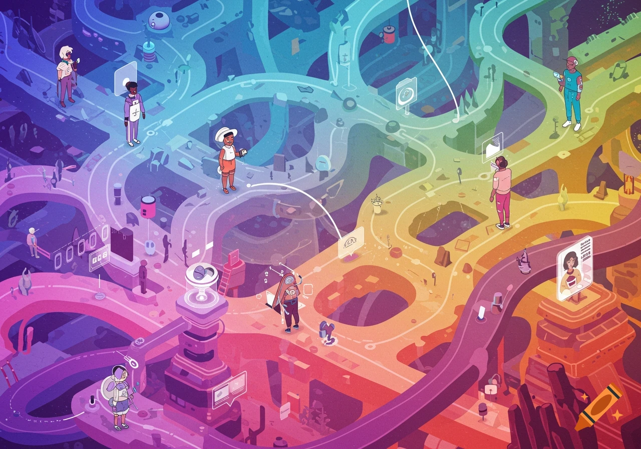 An isometric abstract illustration of people traversing a colorful ...