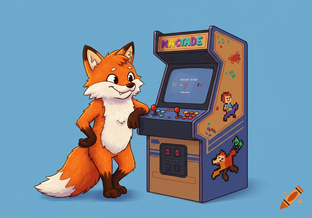 Cartoon fox leaning on a retro arcade game cabinet. on Craiyon