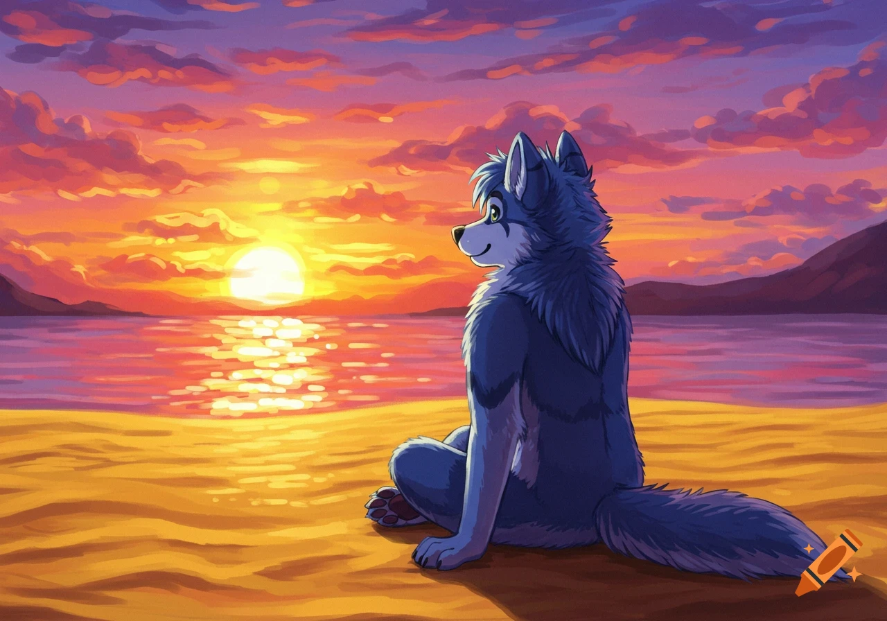 Blue Wolf Furry Sits On A Beach Watching The Sunset Illustration Style
