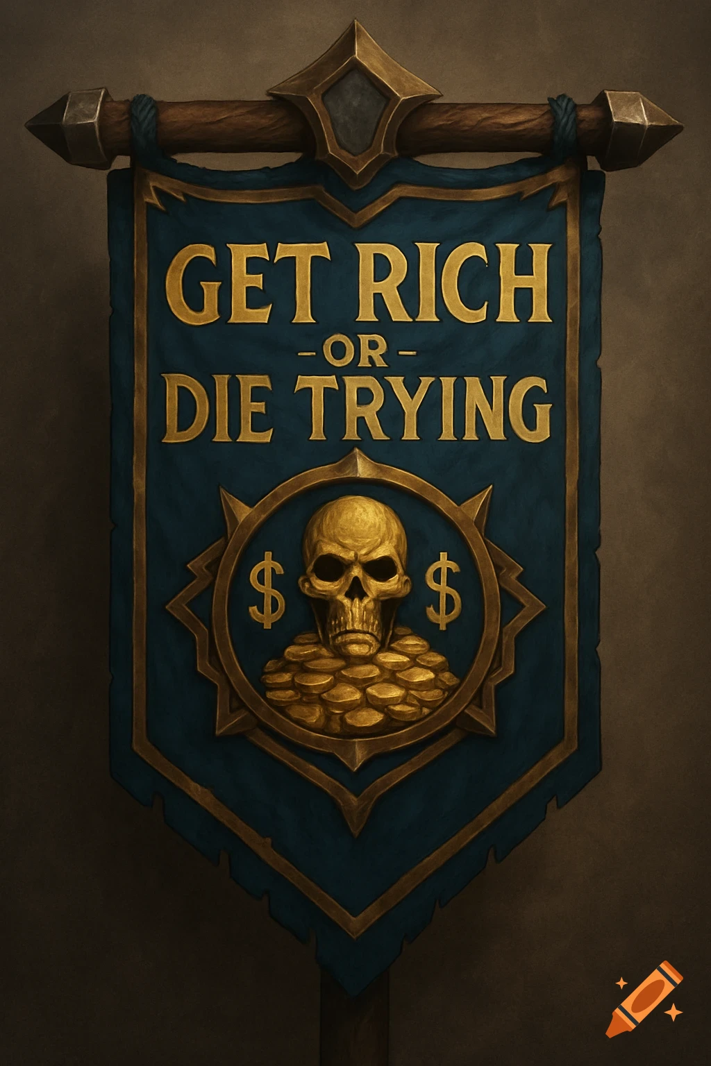 Fantasy guild banner with skull, coins, and text 'Get Rich or Die ...