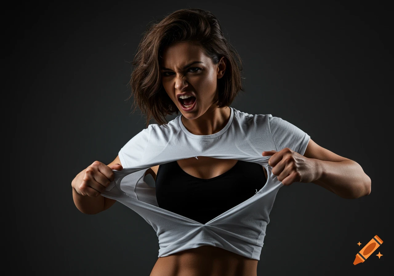 Woman with intense expression ripping a t-shirt to reveal a sports bra ...