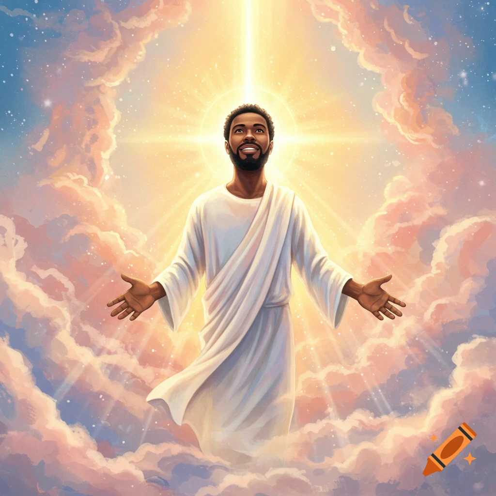 A figure resembling Jesus rises through bright clouds into a beam of ...