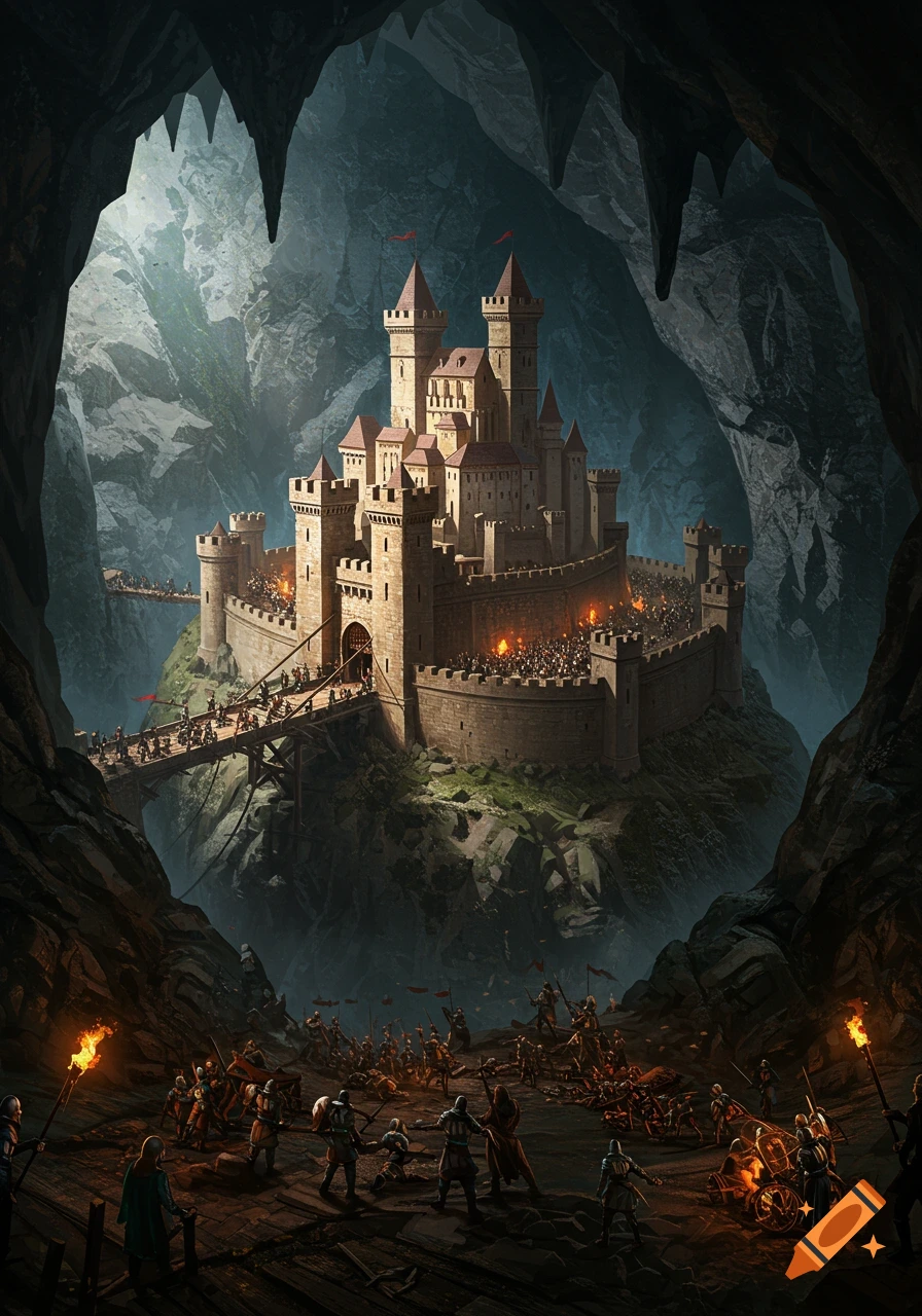 A large fantasy castle built on a rock formation inside a cave, with a bridge leading to it ...