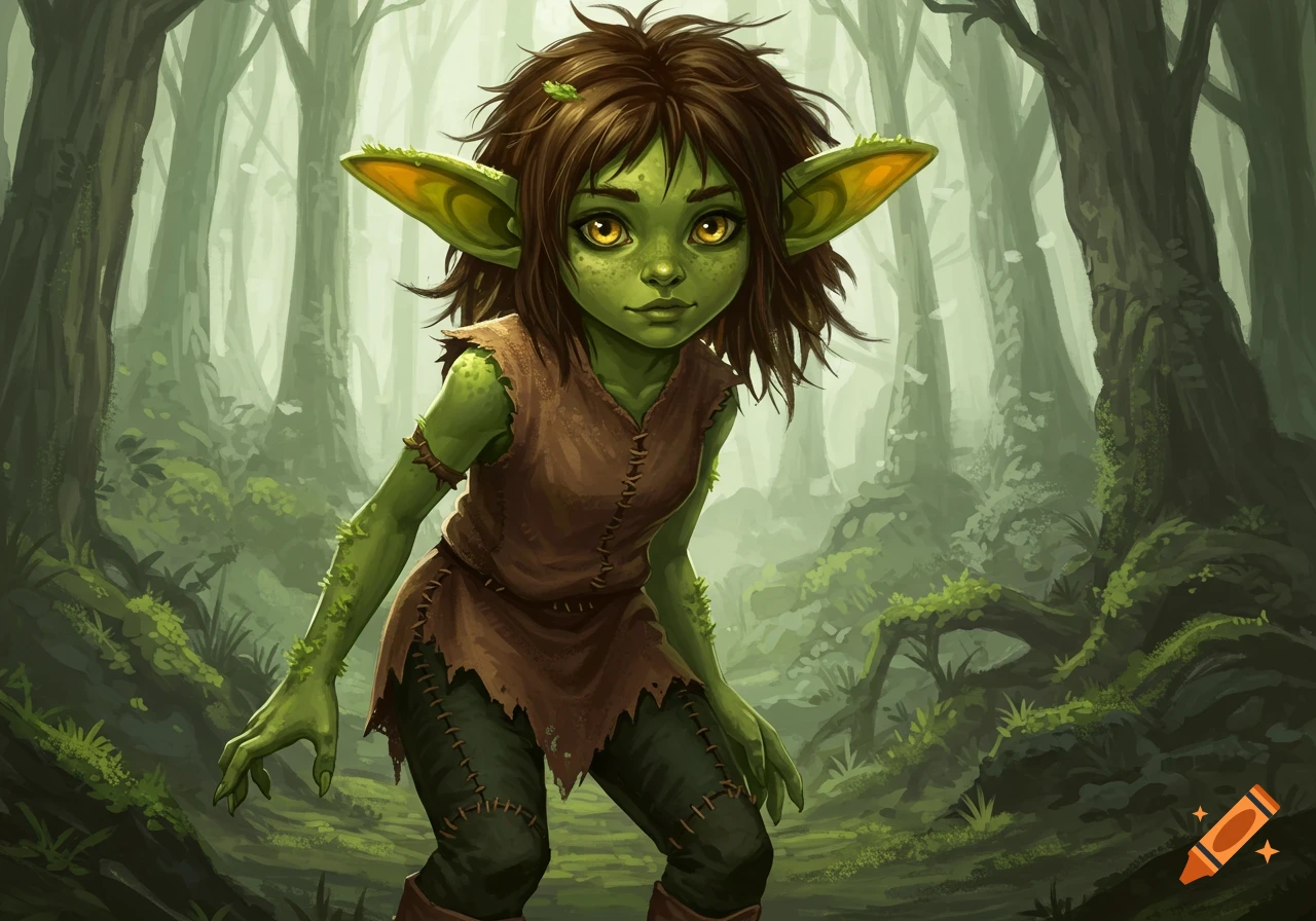 A green-skinned goblin girl with large ears and yellow eyes stands in a ...