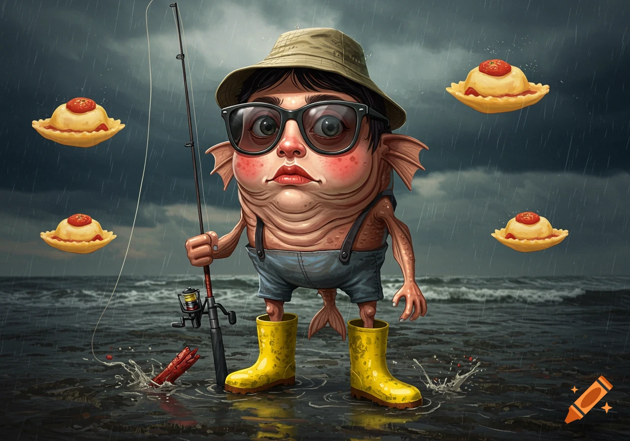 A grotesque human-fish creature with sunglasses and boots fishes in a ...