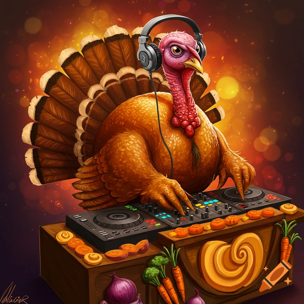 Cartoon turkey wearing headphones DJing with Thanksgiving food on Craiyon