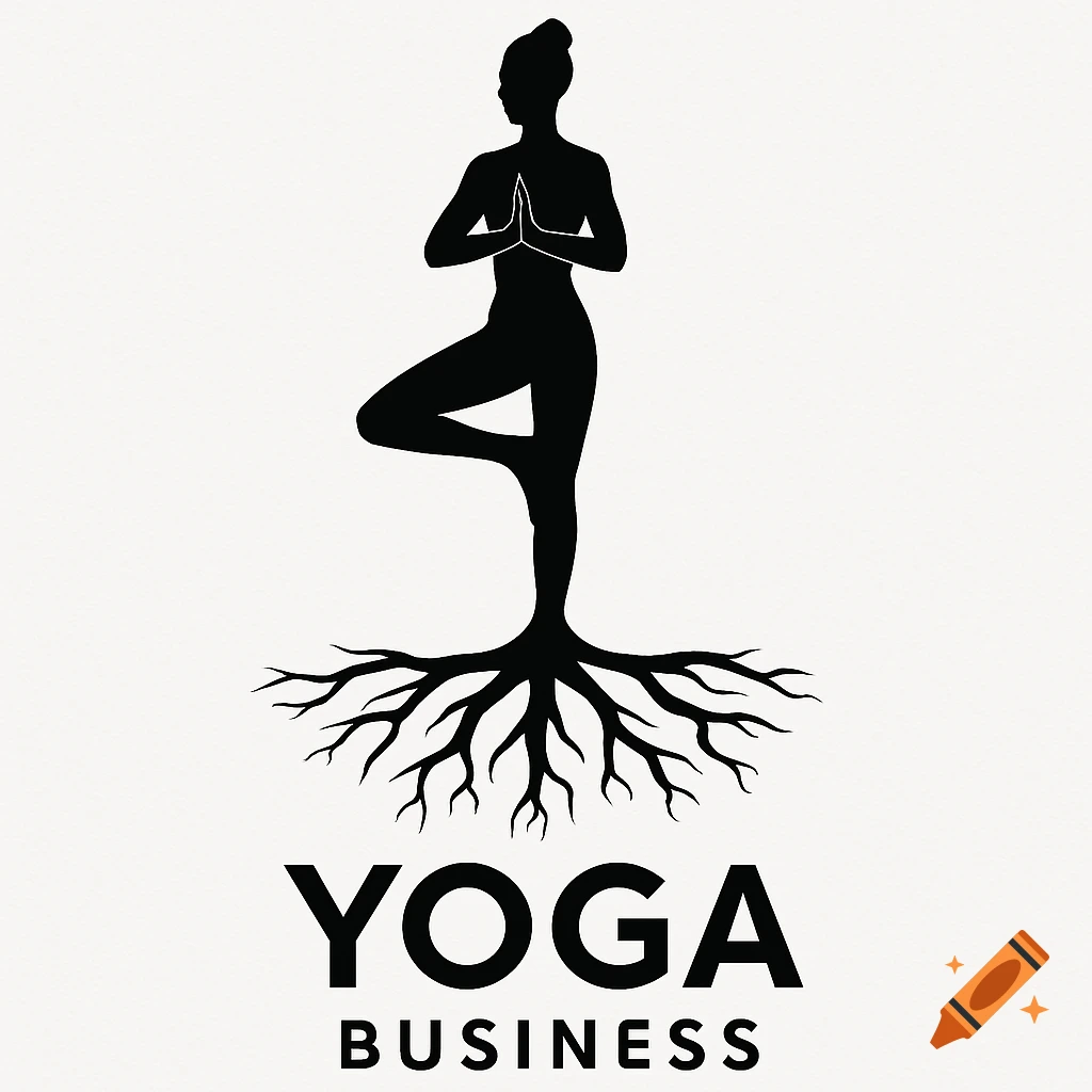 Black silhouette logo of person doing yoga tree pose with roots, text ...