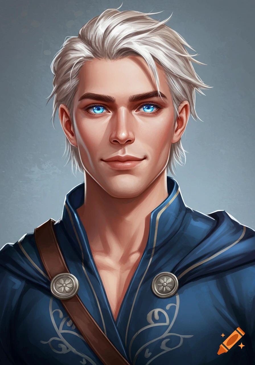 Portrait of a young man with white hair and bright blue eyes in fantasy ...