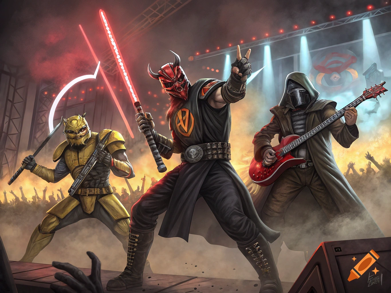 Masked characters resembling Scorpion, Darth Maul, and Doom Slayer play ...