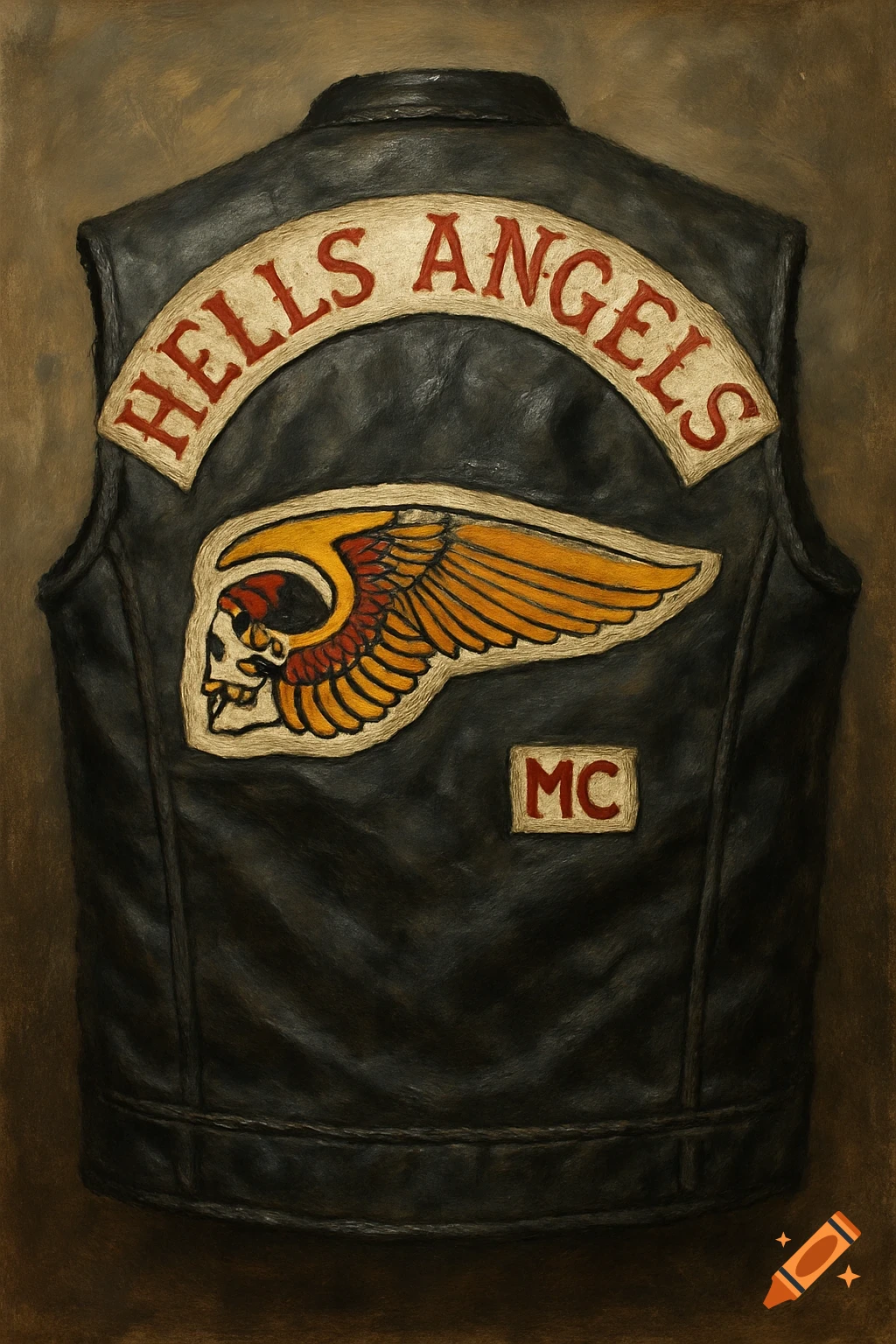 Painting of a black leather vest with Hells Angels MC patches on Craiyon