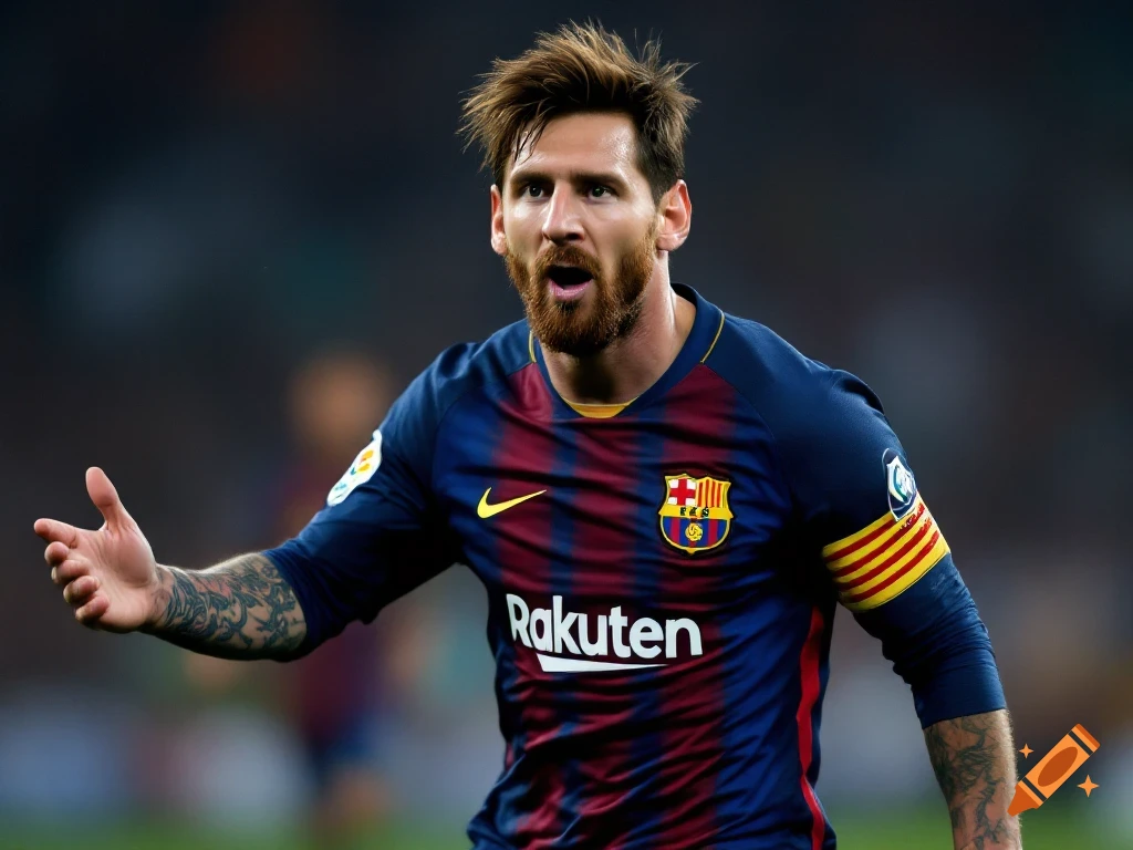 Soccer player Lionel Messi in uniform shouts on the field. on Craiyon