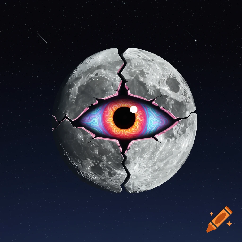 A cracked moon floats in space, revealing a vibrant, colorful eye in ...