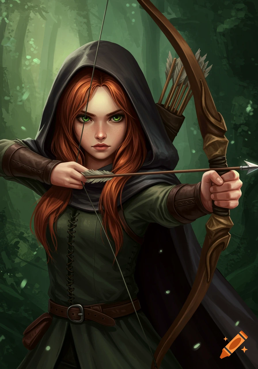 Illustrated portrait of a red-haired fantasy archer aiming a bow and arrow in a forest. on Craiyon