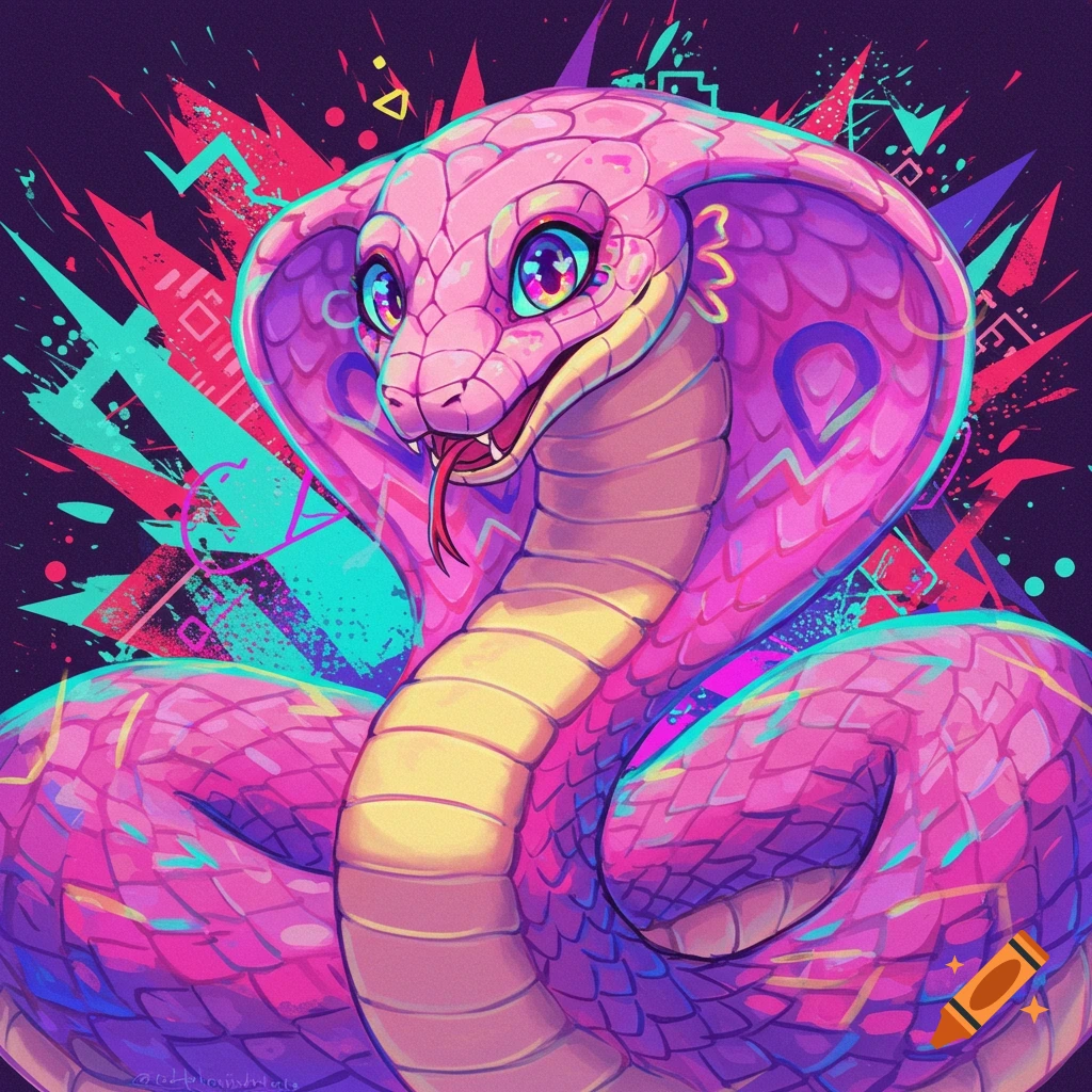 Close-up illustration of a pink and purple cobra with large eyes and ...