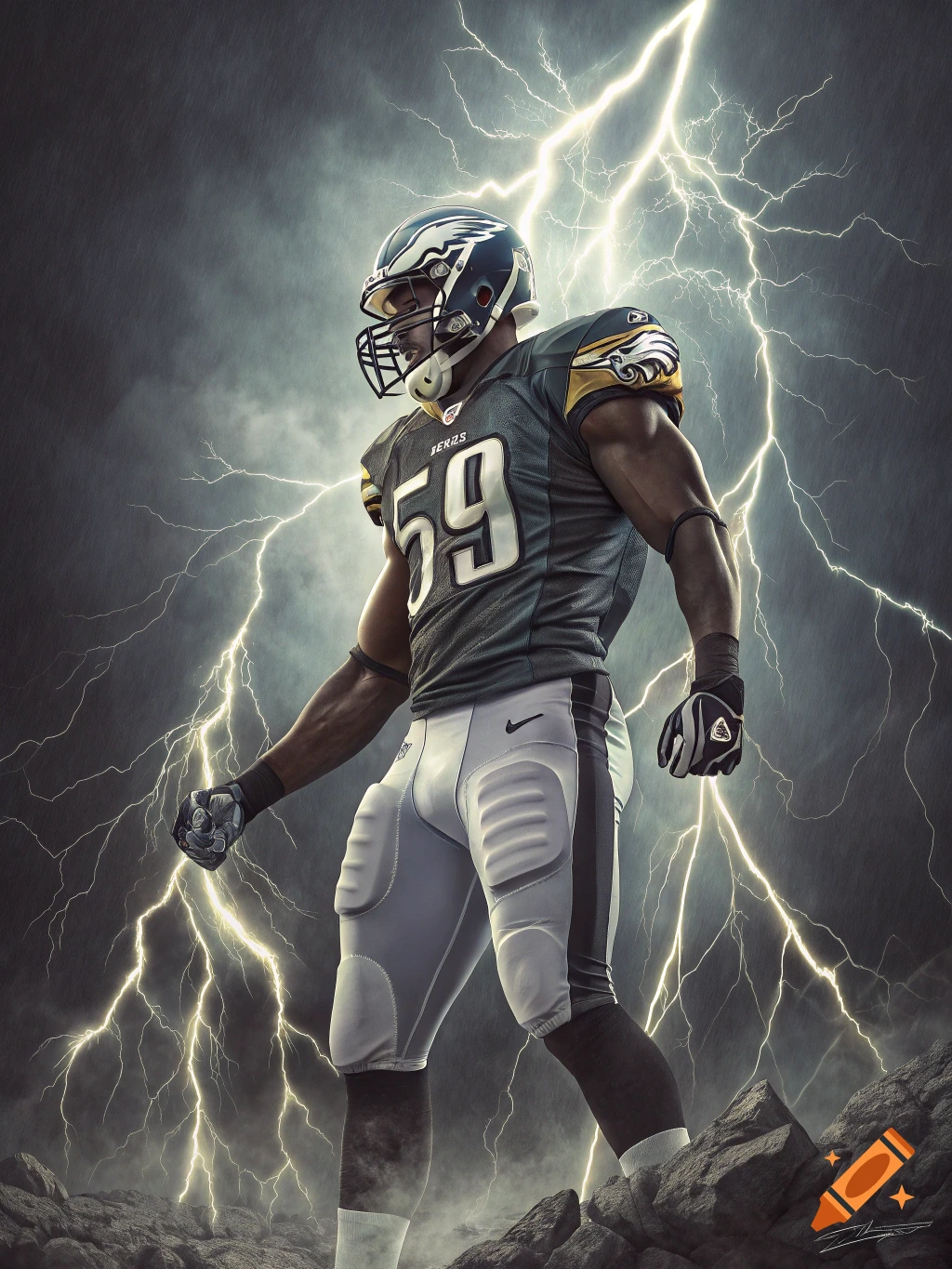 Football player in jersey 59 stands on rocks with lightning strikes and ...