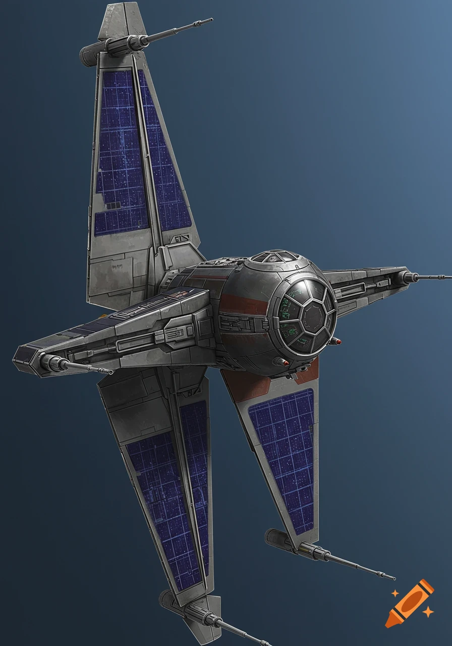A detailed illustration of a sci-fi fighter spaceship with blue panel ...