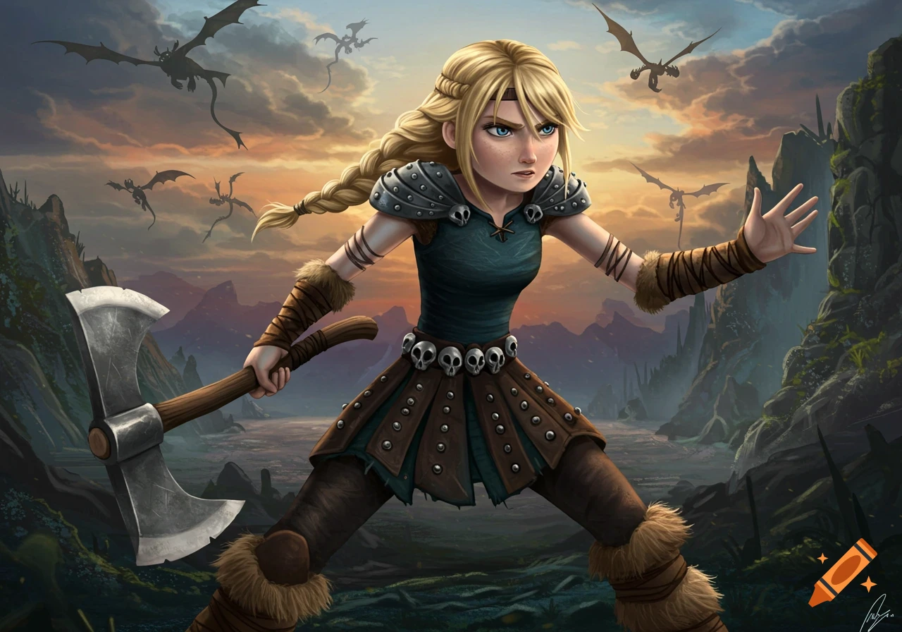 Astrid from How to Train Your Dragon holding an axe in a landscape with ...
