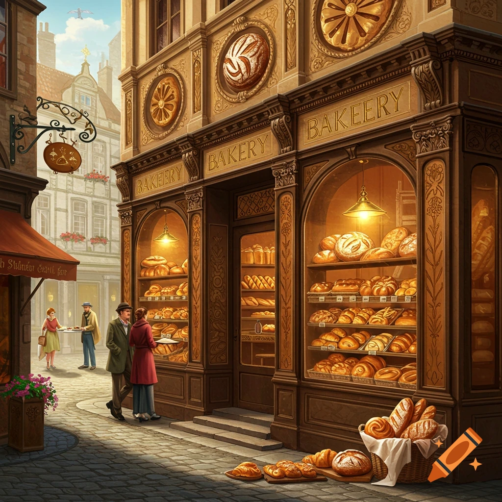 Illustration of a bakery storefront with display windows full of bread and pastries, people ...