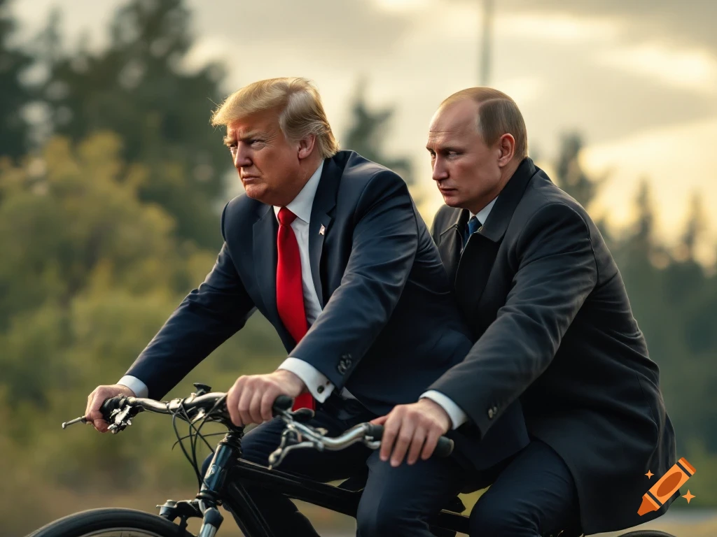 Donald Trump and Vladimir Putin riding a tandem bicycle outdoors on Craiyon