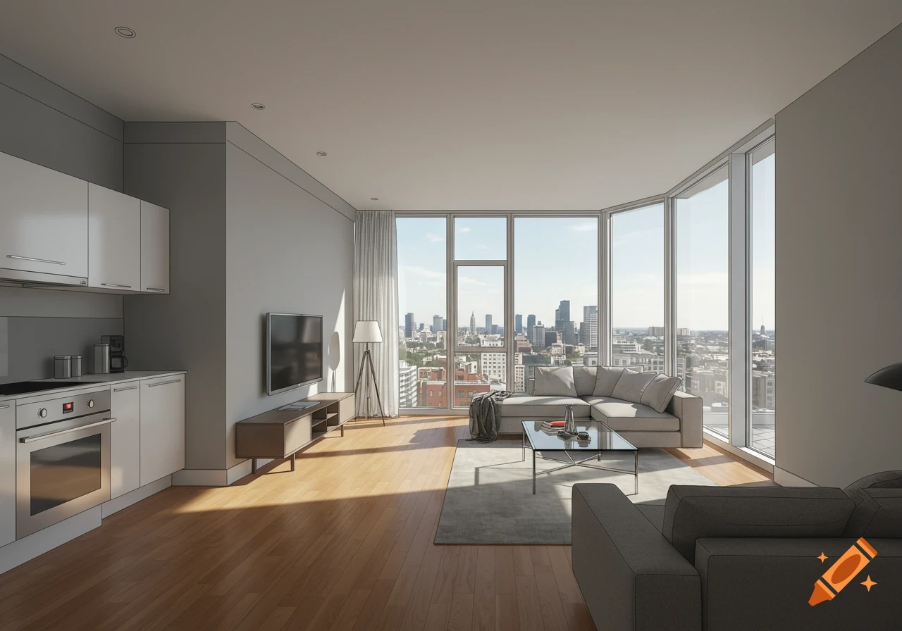 Modern apartment interior with living and kitchen areas, large window ...