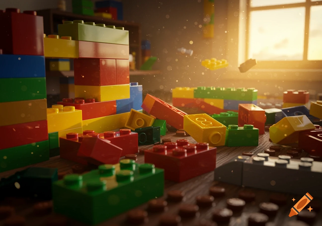 Colorful toy building blocks scattered on a table with sunlight ...