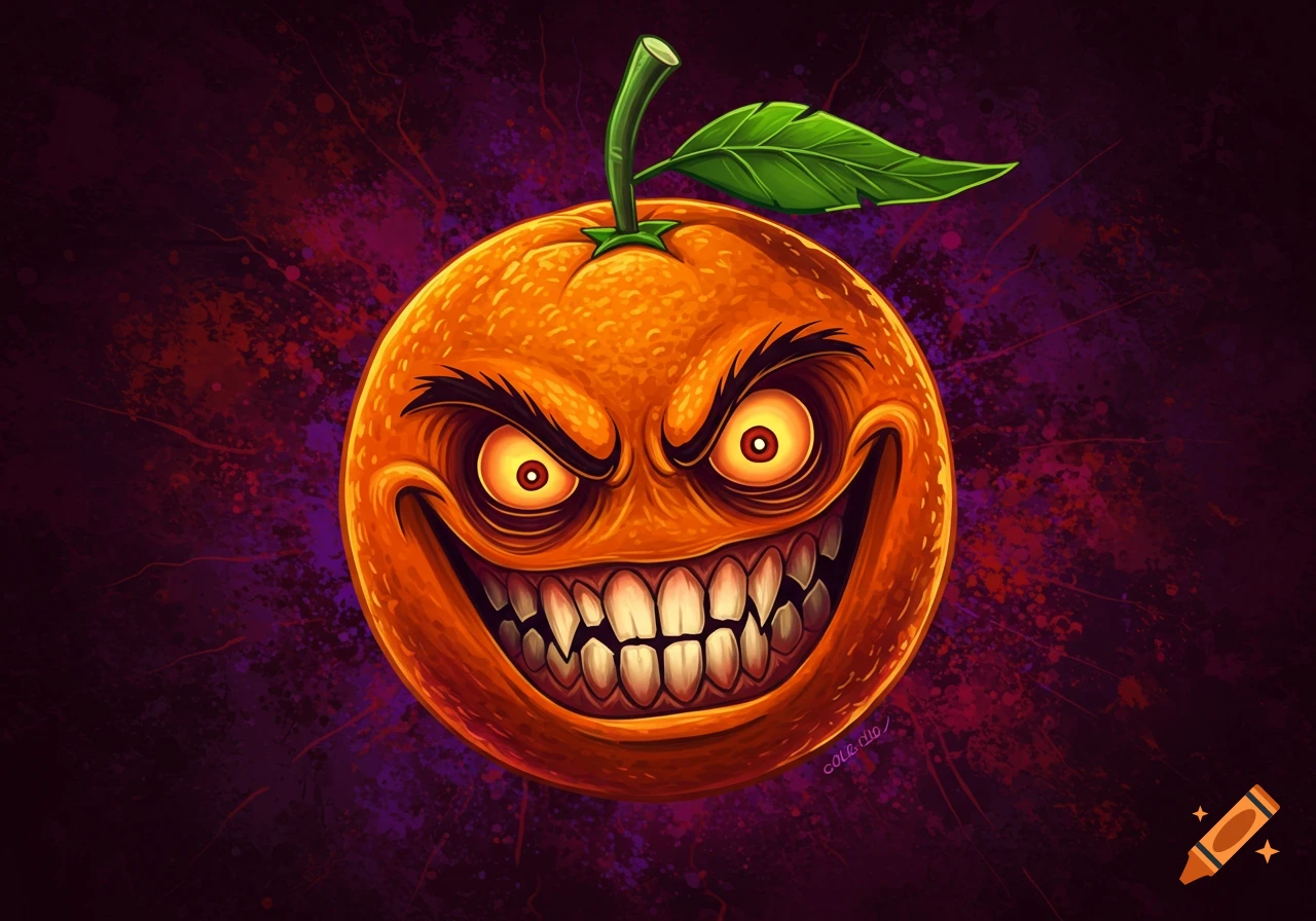 Cartoon orange with a scary face, sharp teeth, and glow-in-the-dark ...