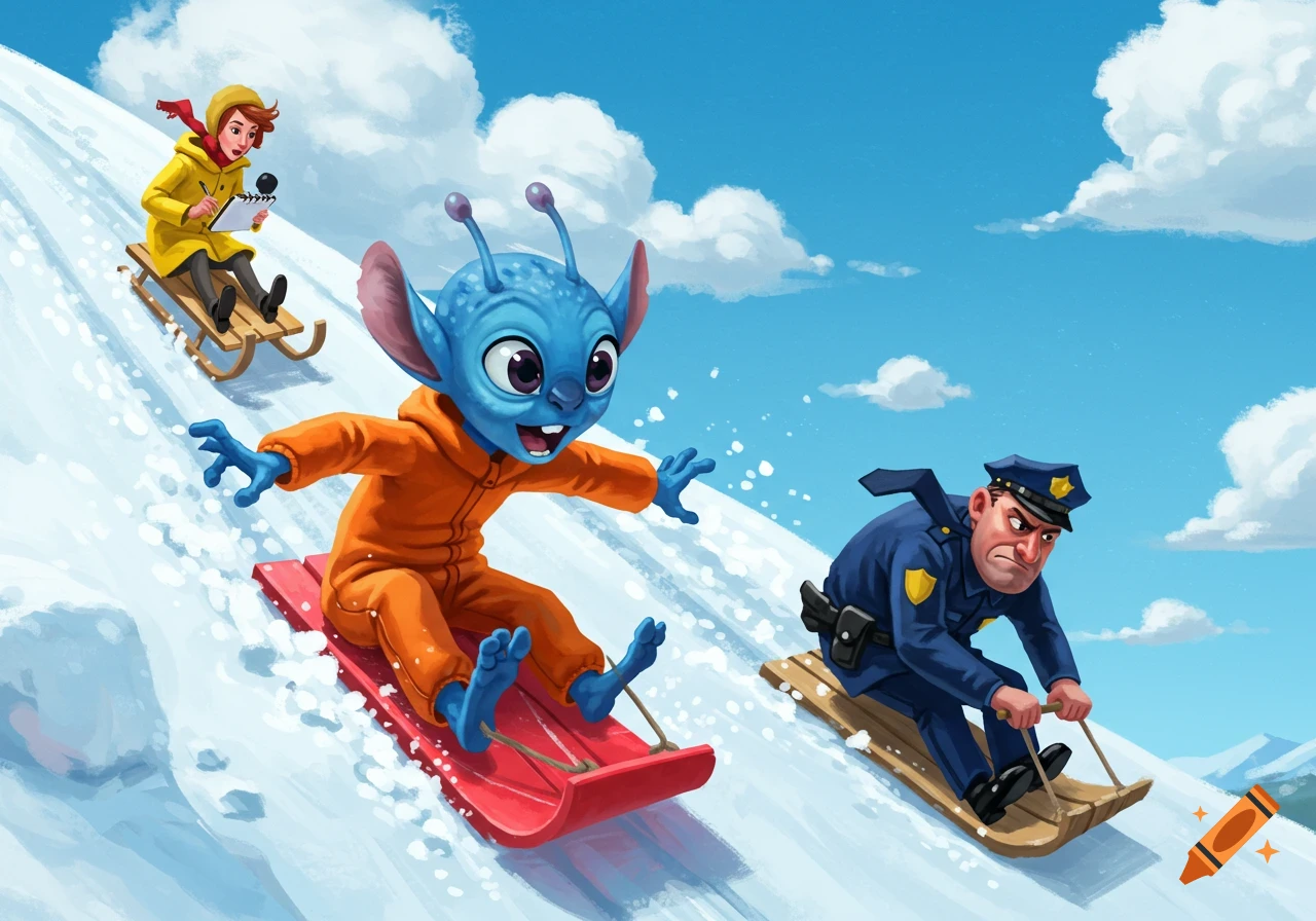 Cartoon illustration of a blue alien, journalist, and police officer ...