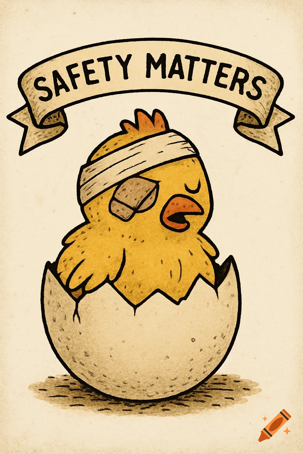 Cartoon chick hatching from egg with head bandage and 'Safety Matters ...