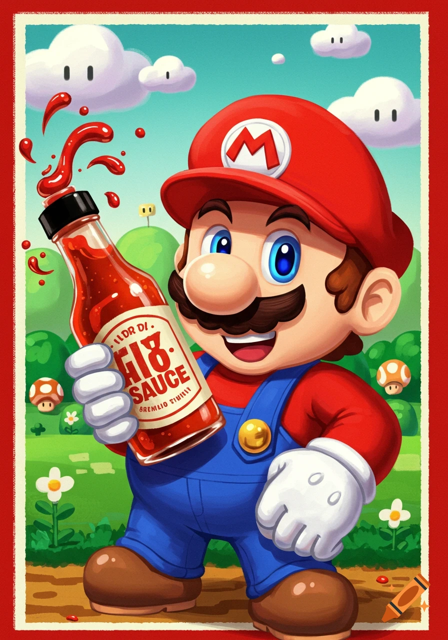 Cartoon illustration of Super Mario holding a bottle of red sauce in a ...