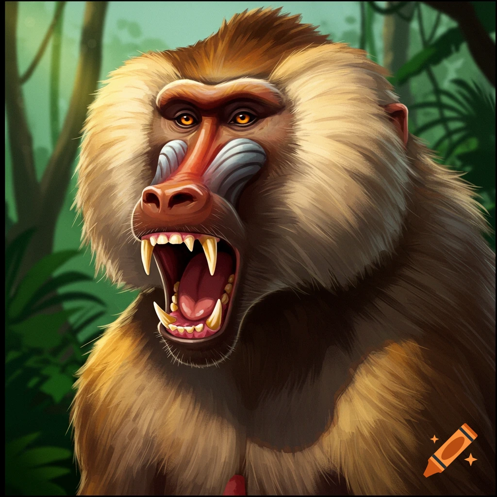 Close-up of a baboon with mouth open showing fangs in a jungle setting ...