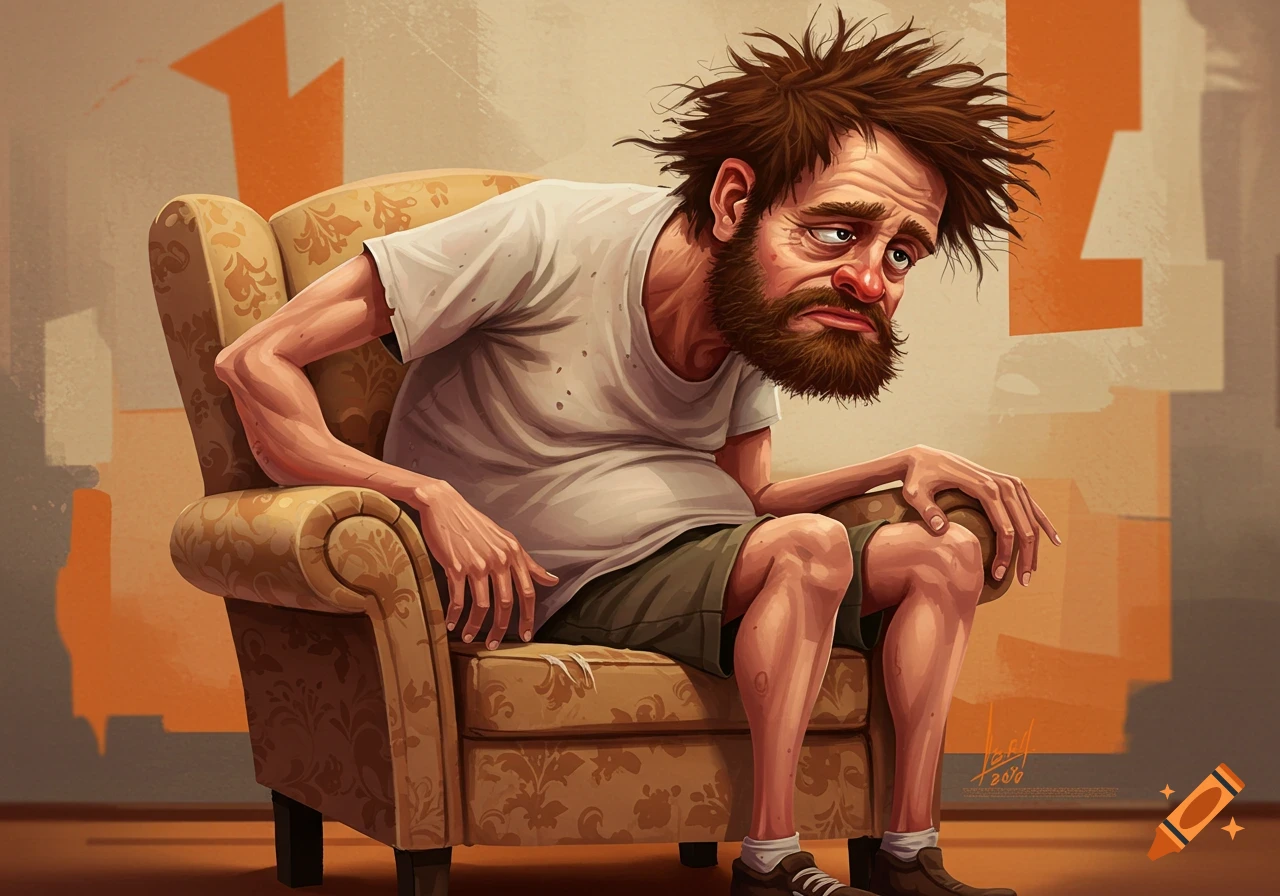 Cartoon illustration of a disheveled man slumping in a chair with ...