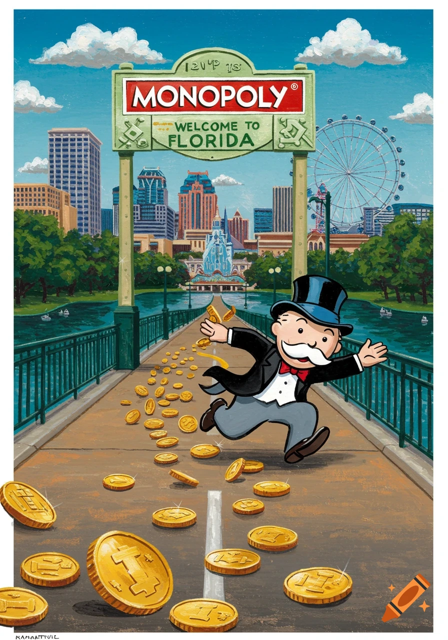 Mr. Monopoly runs across a bridge scattered with gold coins, beneath a ...