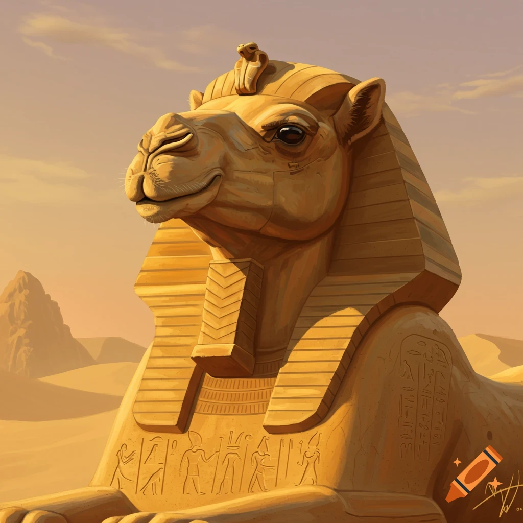 Statue of a sphinx with a camel head in the desert on Craiyon