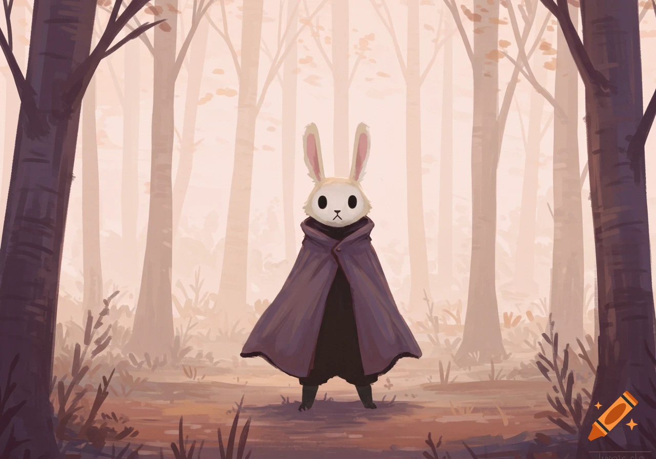 Stylized rabbit character in a purple cloak stands in a misty forest ...