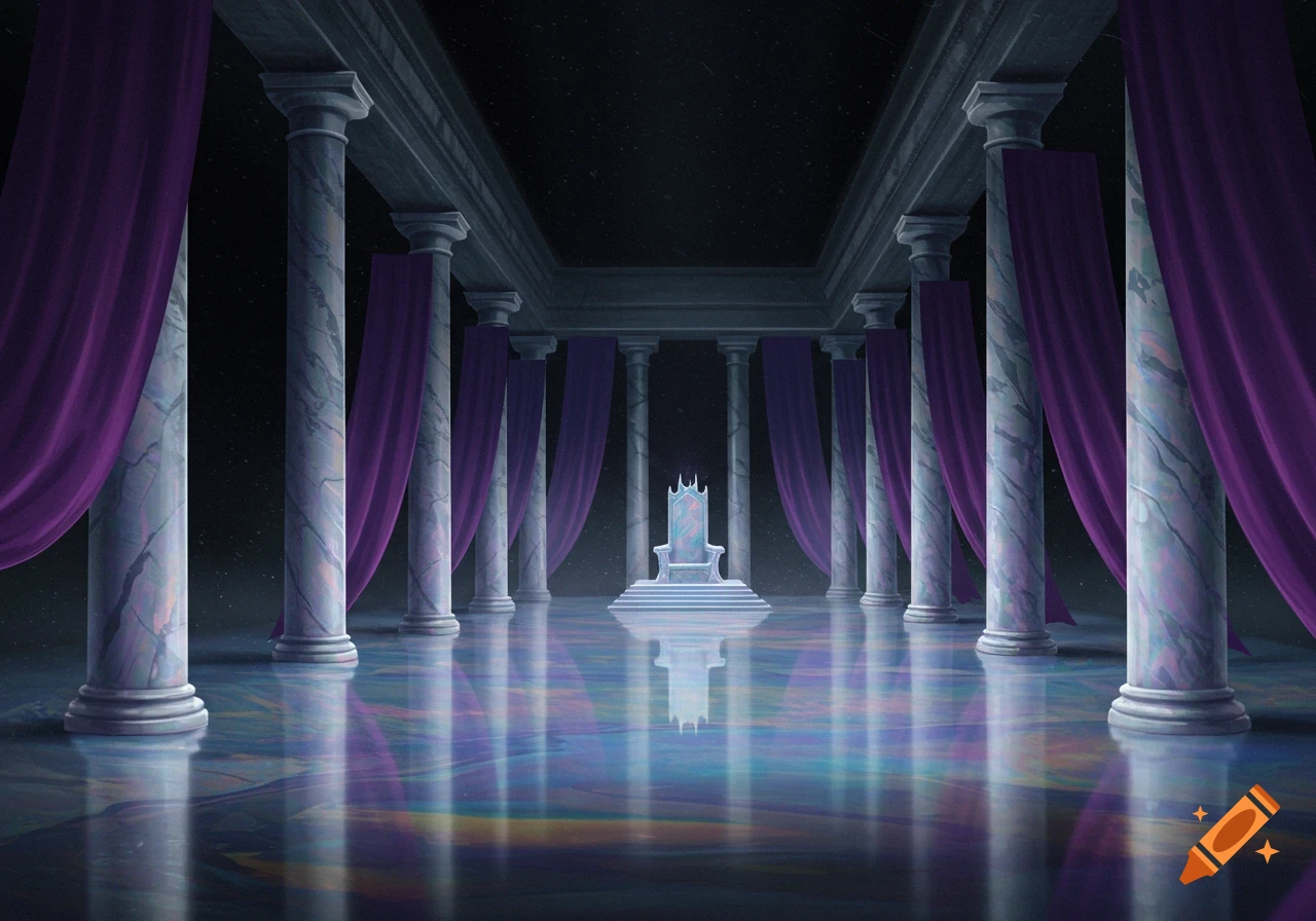 A grand fantasy throne room with tall pillars, purple curtains, and a ...