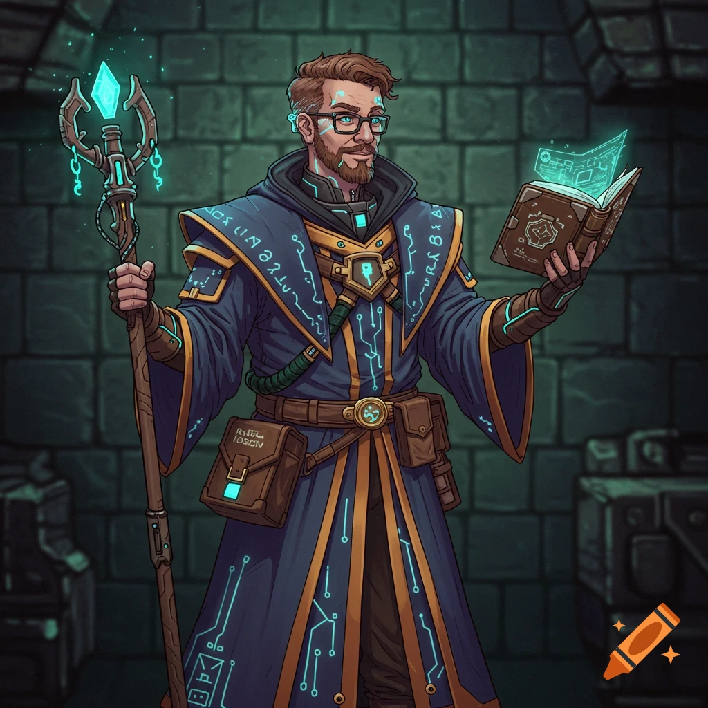 Illustration of a bearded man in high-tech wizard robes holding a ...