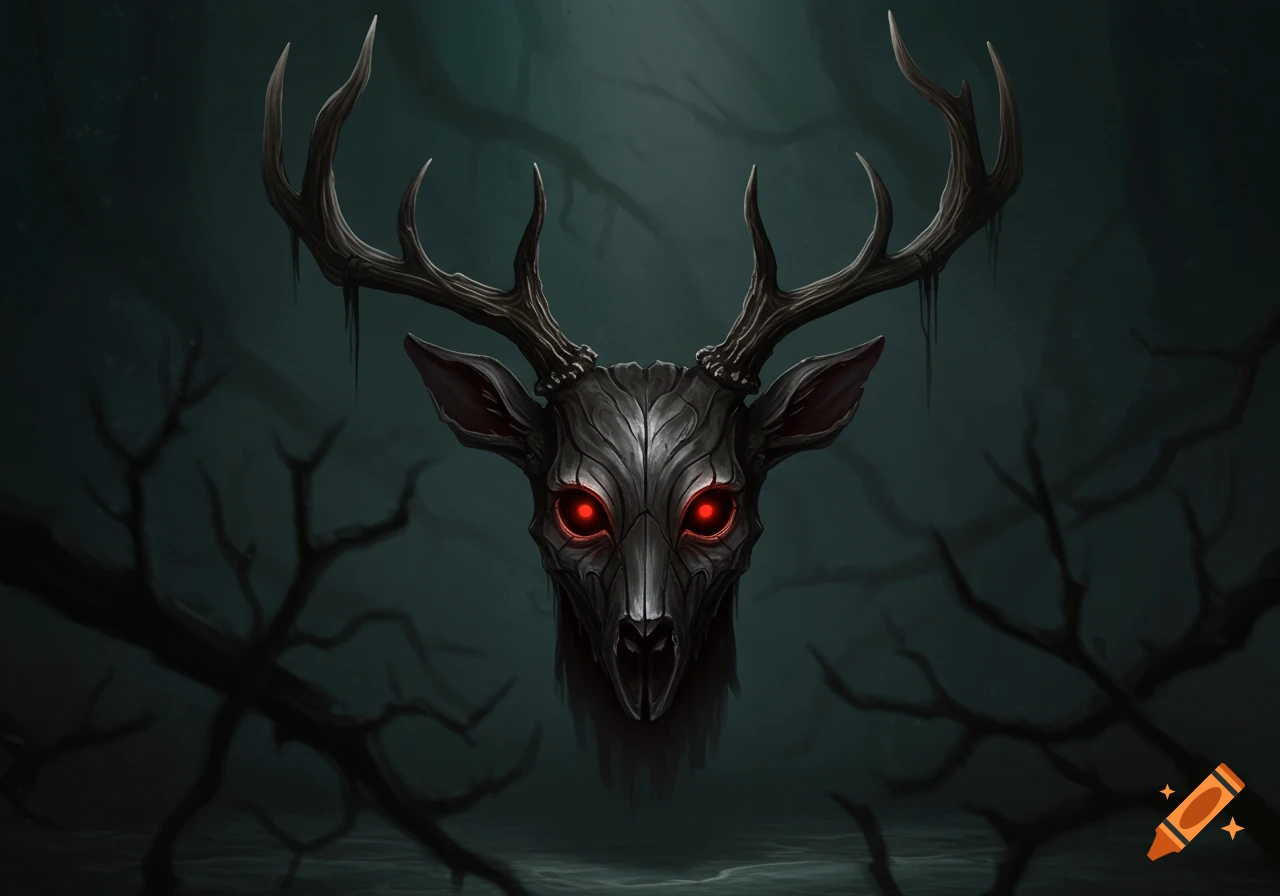 Spooky deer mask with glowing red eyes in a dark forest, concept art ...
