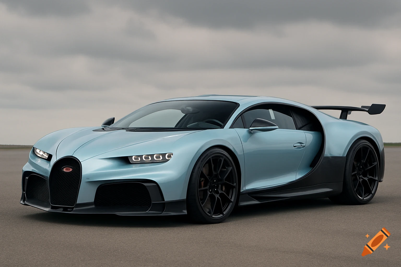 Light blue Bugatti Chiron Pur Sport parked on asphalt. on Craiyon