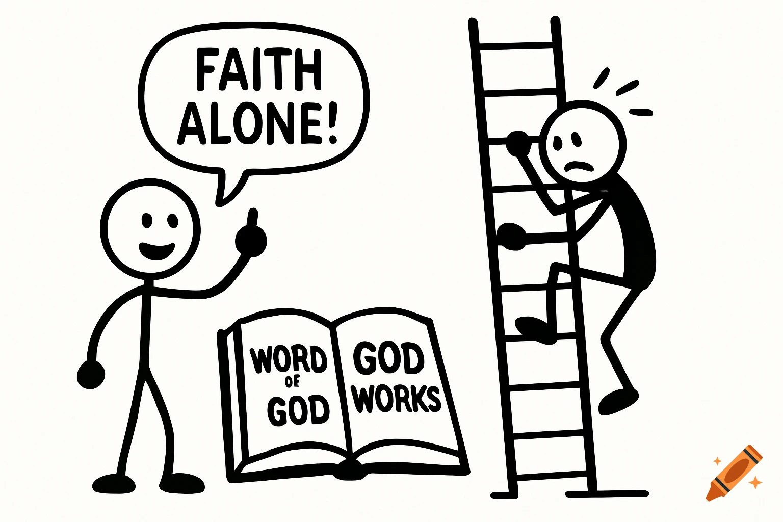 Stick figure cartoon contrasting 'Faith Alone' with climbing a ladder ...