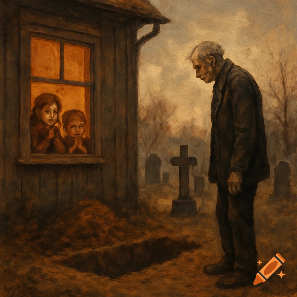 Painterly image of a man at an open grave with children watching from a ...