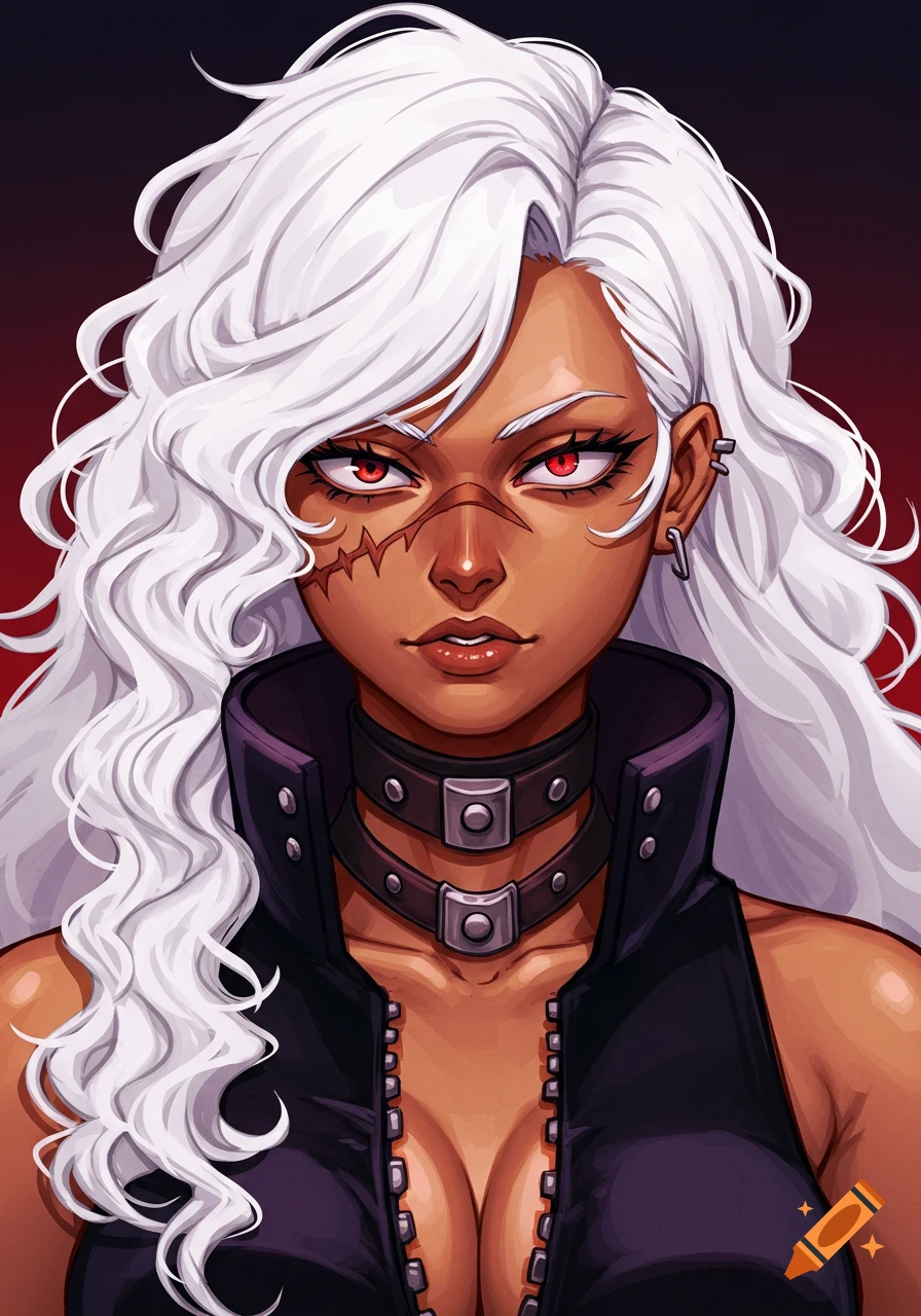 Stylized anime portrait of a woman with white hair, red eyes, scar ...