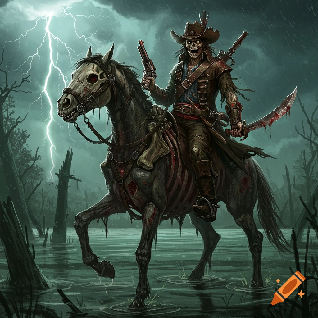 Undead cowboy on skeleton horse in a swamp with lightning. on Craiyon