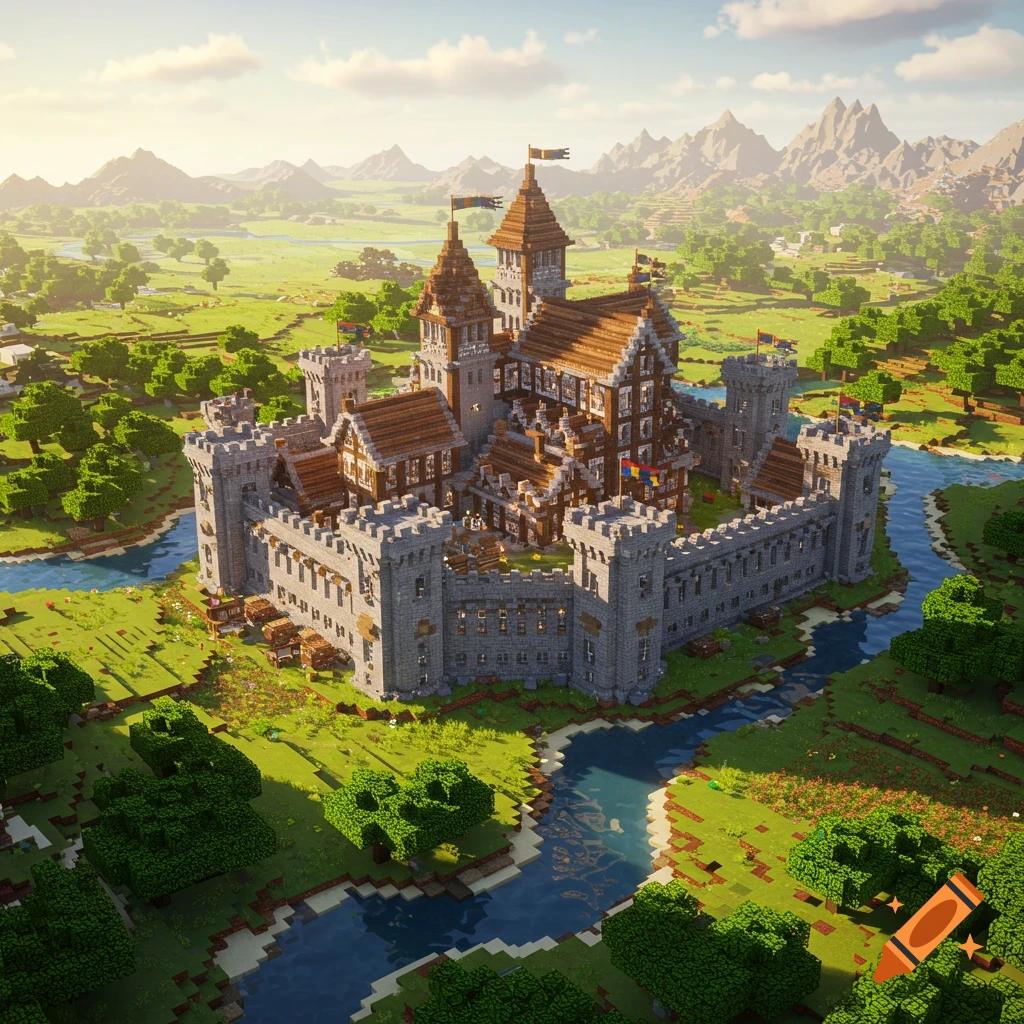A detailed medieval castle build in a Minecraft-style landscape with ...