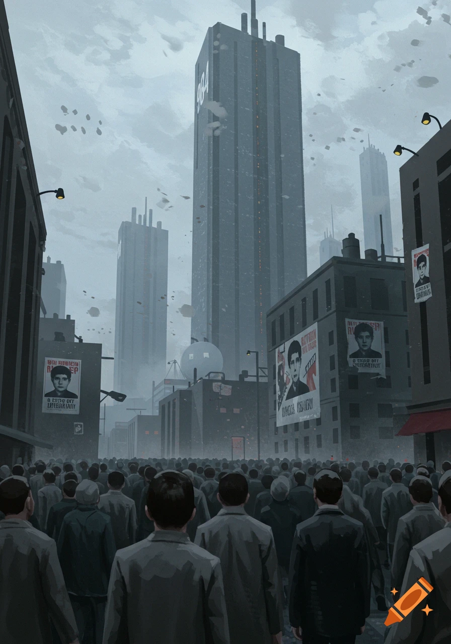 A large crowd of people stand in a grey city street, looking towards a ...