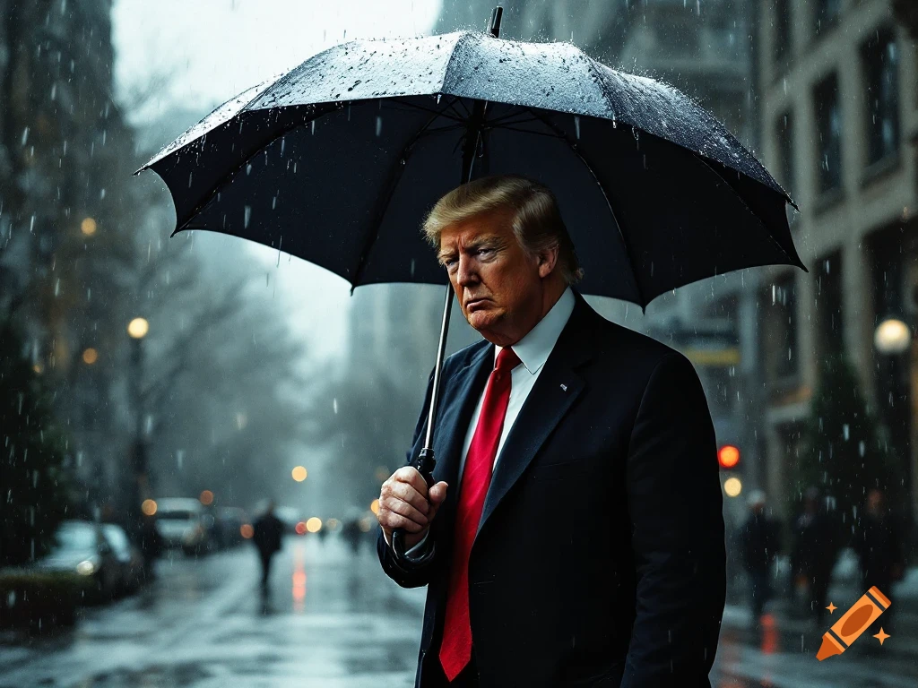 Donald Trump holding an umbrella in heavy rain on a city street on Craiyon